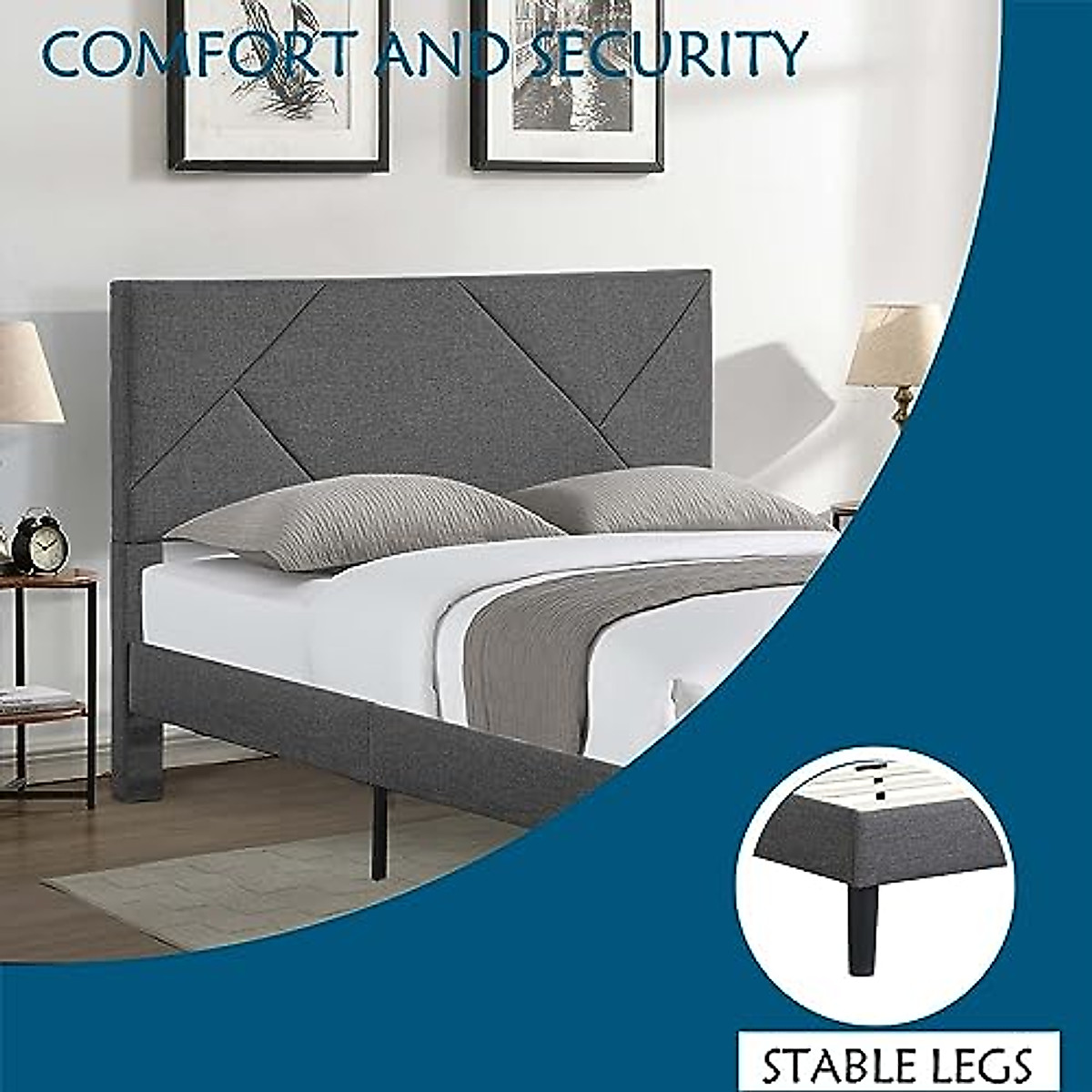 Queen Size Fabric Upholstered Platform Bed Frame with Headboard, Modern Concise Platform Bed with Strong Wood Slats Support/No Box Spring Needed/Easy Assembly for Bedroom Girls Boys, Gray (Queen)