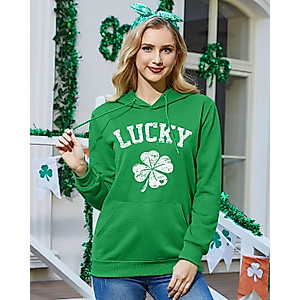 St Patrick's Day Women Green Long Sleeve Sweatshirt Graphic Print Shamrock Four Leaf Hoodie Lucky Clover M