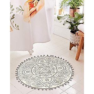 HAOCOO Bohemian Round Rug 2ft, Non-Slip Circle Rug with Pom Poms Fringe Gray Small Rug,Soft Velvet Washable Bathroom Rugs Mandala Floor Mat Carpet for Sink Bedroom Nursery Decor