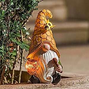 LA JOLIE MUSE Garden Gnomes Statue -11.3'' Resin Summer Bee Gnome Figurine Holding Honey Jar with Solar LED Lights, Outdoor Decoration for Patio Yard Lawn Porch, Ornament