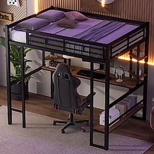 SOFTSEA Full Loft Bed with Desk and Storage Shelves High Metal Loft Bunk Bed with Ladder, No Box Spring Needed