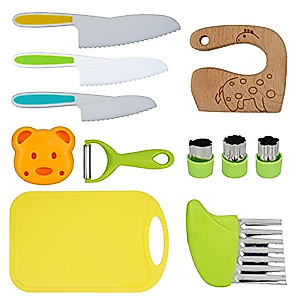 KETWOD Kids Knifes for Real Cooking, 11Piece Toddler Knife Set Includes Wooden Kid Safe Knife, Serrated Plastic Kids Knife Set,Crinkle Cutter, Cutting Board, Y Paring Knife。