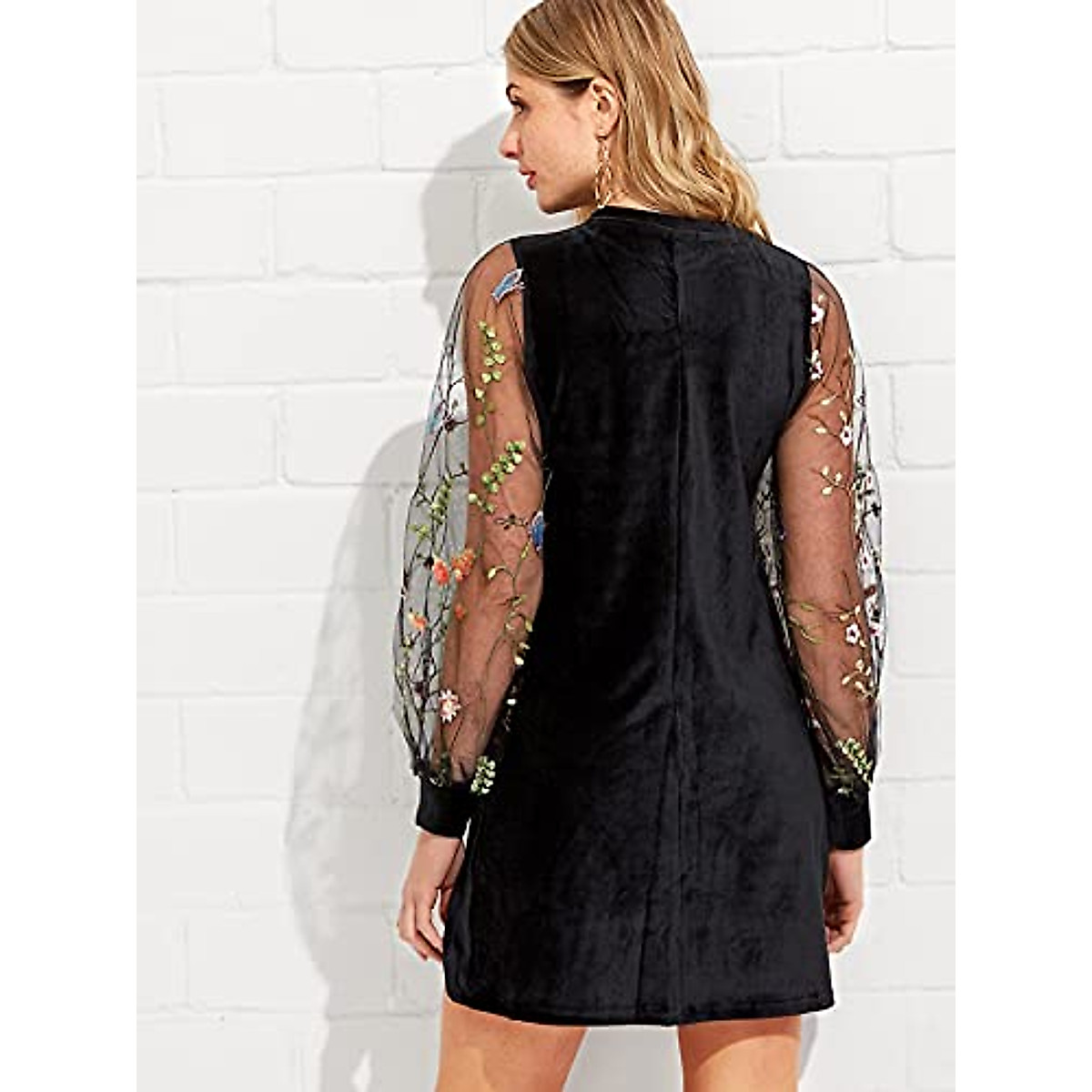 DIDK Women's Mesh Long Sleeve Pullover Tunic Dress Velvet Black XX-Large