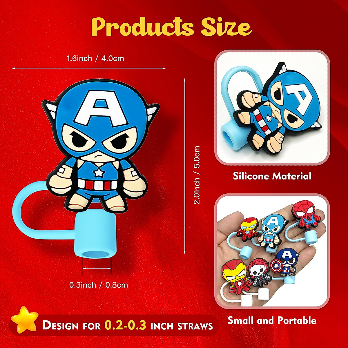 8Pcs Straw Covers Cap for Tumblers, Cute Cartoon Straw Topper, Silicone Straw Tip Covers for Drinking Straws (8Pcs Hero 8mm 7L)