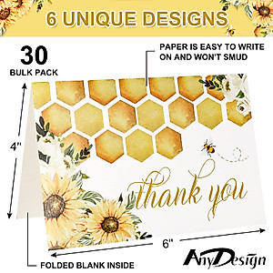 AnyDesign Sunflower Bee Thank You Cards Bulk 30 Pack Thank You Notes with Matching Seal Stickers Envelopes Blank Greeting Note cards for Wedding Baby Shower Bridal Birthday Party Invitation