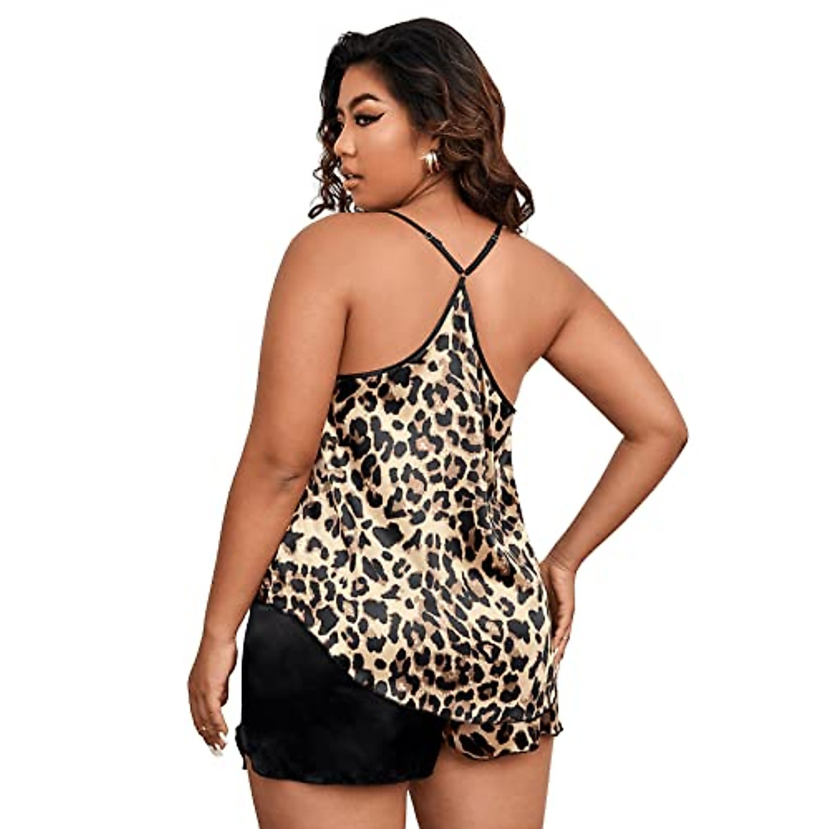SOLY HUX Women's Plus Size Satin Sleepwear Leopard Print Color Block Cami Top and Shorts Pajama Set Black 4XL