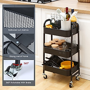 WELL-STRONG Metal Storage Trolley - 3-Tier Rolling Cart with Lockable Wheels - Multi-Purpose Utility Cart with Handle - Mobile Shelving Organizer for Bathroom, Office, Kitchen, Bedroom, Garage Black