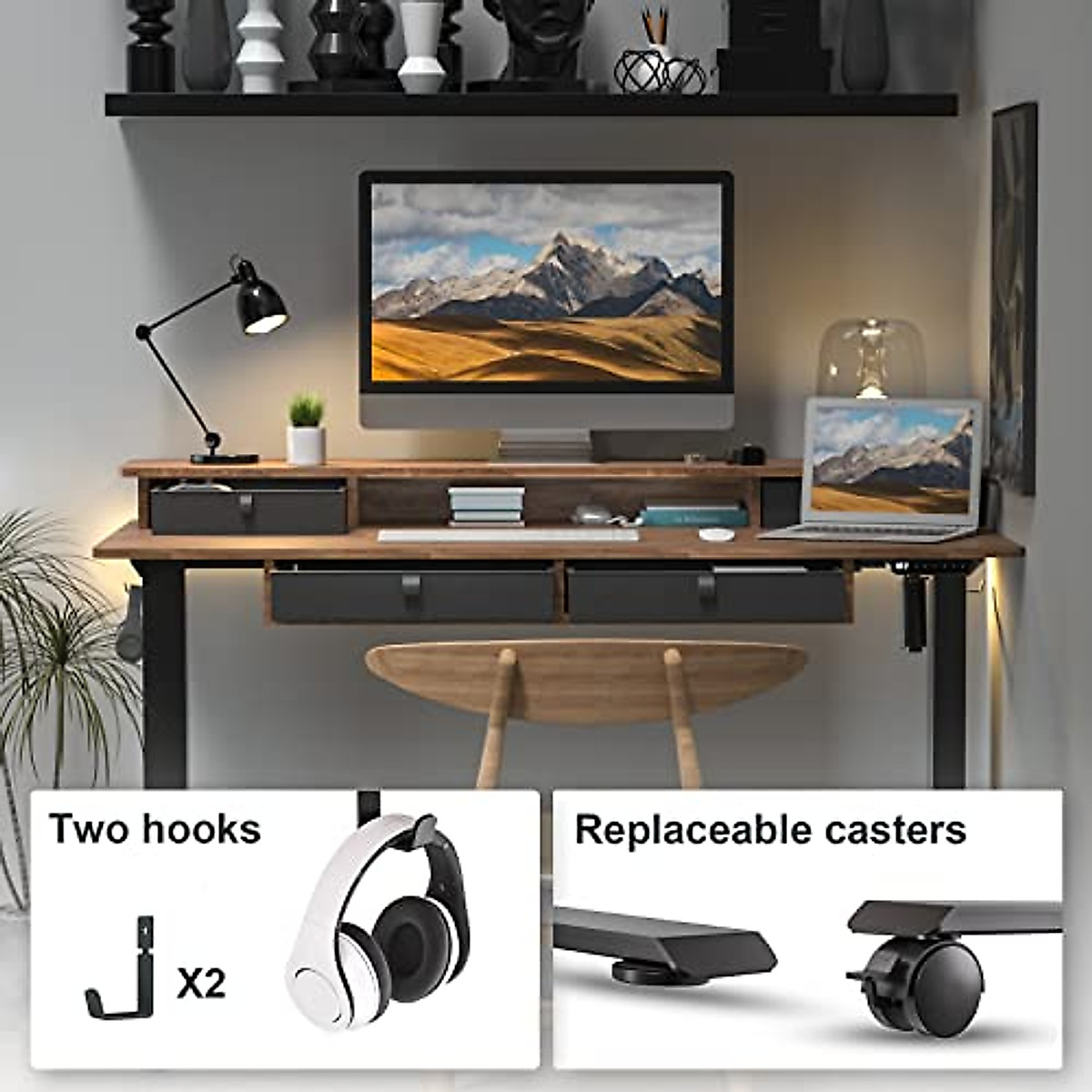 ExaDesk Electric Standing Desk with 4 Drawers, 55 x 30 Inches Adjustable Desk with Storage Shelf, Stand Up Desk for Home and Office, Rustic Brown Top/Black Frame