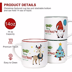 QIKSION Christmas Mugs Set of 6, 14oz Cute Ceramic Coffee Mugs, Stackable Christmas Coffee Mugs as Christmas Gifts for Family, Friends and Colleagues