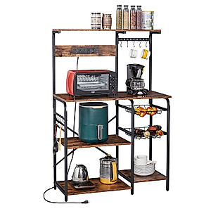 YILFANA Kitchen Bakers Rack with Power Outlet, Bakers Racks for Kitchen with Storage, Microwave Stand with Storage, Kitchen Rack and Shelves with 2 Wire Baskets, 10 S-Hooks, Kitchen Storage Shelves