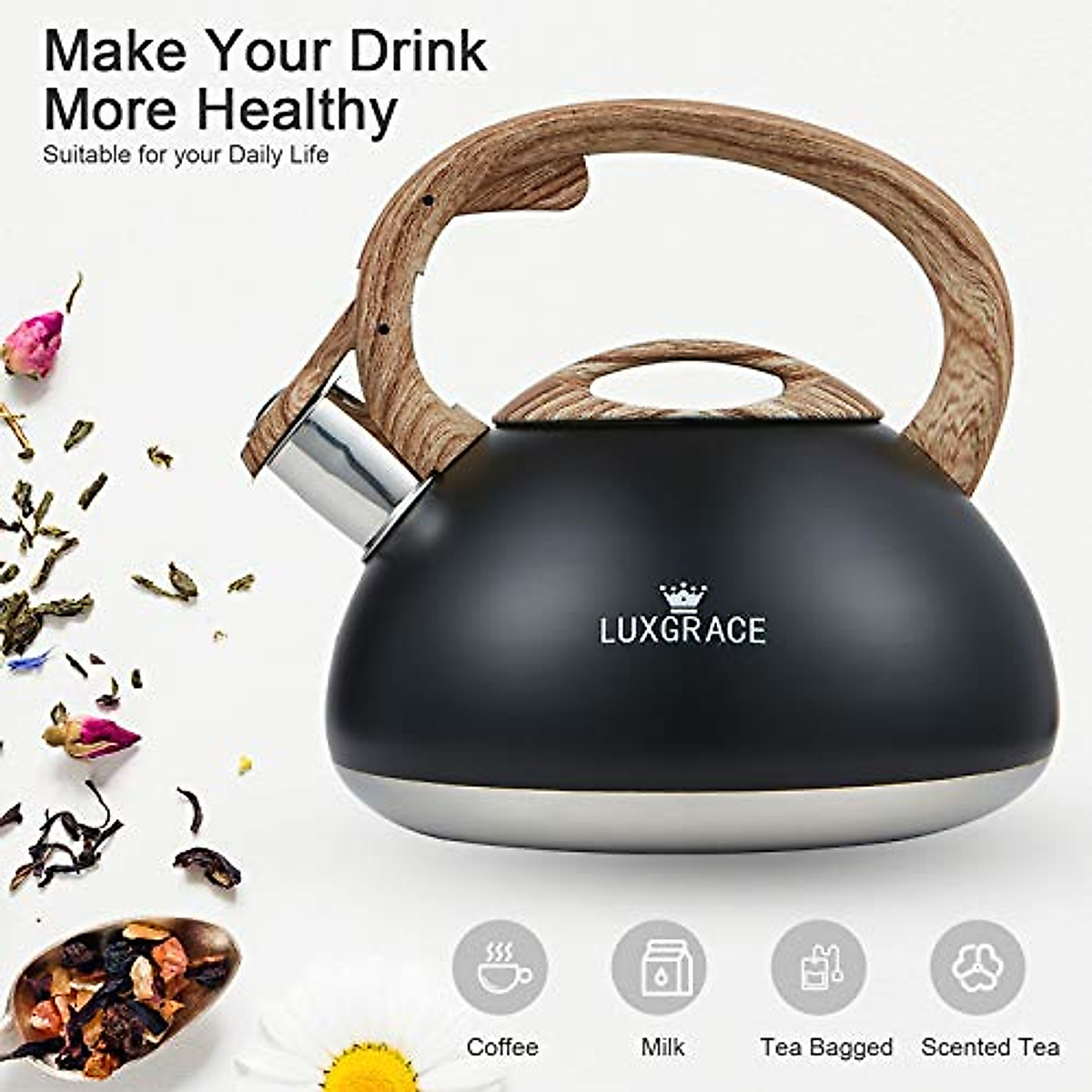 Whistling Tea Kettle Stainless Steel Teapot, Teakettle for Stovetop Induction Stove Top, Fast Boiling Heat Water Tea Pot 2.2 Quart(Black)