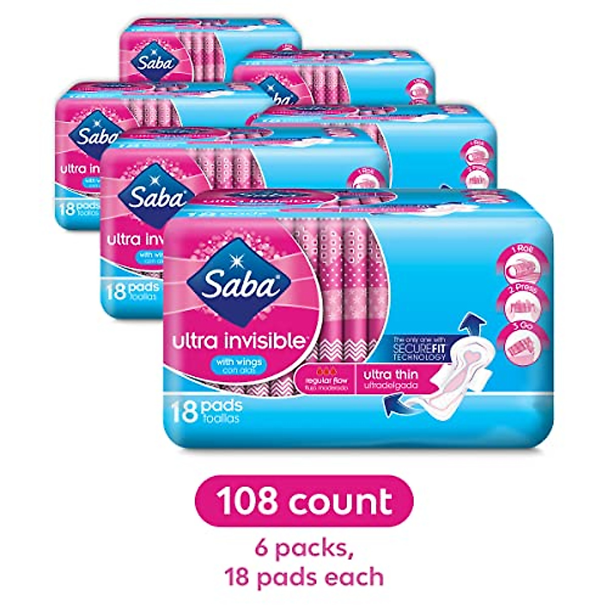 Saba Ultra Invisible Ultra Thin Pads with Wings, 108 Count (6 Packs of 18)