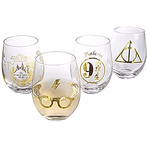 Harry Potter Stemless Wine Glasses, Set of 4 - Gold Harry Potter Symbols and Designs - Glass - 17 oz