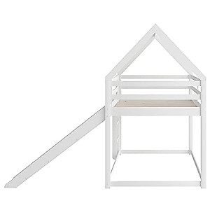 Twin Size Bunk House Bed with Convertible Slide and Ladder,Twin Over Twin Wooden Bed Frame with Guardrails for Kids Teens Girls Boys,White