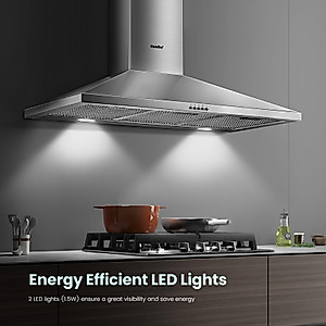 COMEEE" CVP36W6AST 36 Inch Ducted Pyramid Range 450 CFM Stainless Steel Wall Mount Vent Hood with 3 Speed Exhaust Fan, 5-Layer Aluminum Permanent Filters, Two LED Lights, Convertible to Ductless