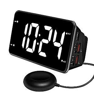 Digital Loud Alarm Clock for Heavy Sleepers Adults with Bed Shaker - Ideal for Hearing Impaired People - Dual Alarm Settings & 2 USB Charger - 7 Inch Display (Black with White Digit)