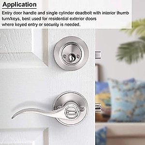 DECORITEN Entry Door Handle with Double Keyed Deadbolt, Satin Nickel Door Handle, Front Door Entrance Lever Lockset and Double Cylinder Deadbolt Combination Set with Same Keys, 4 Set