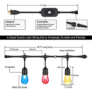 Mlambert 48FT Outdoor Patio Lights, RGB Cafe String Lights with 15 E26 S14 Shatterproof Edison Bulbs, Commercial Grade Dimmable String Lights for Bistro Backyard Garden, 2 Remote Controllers