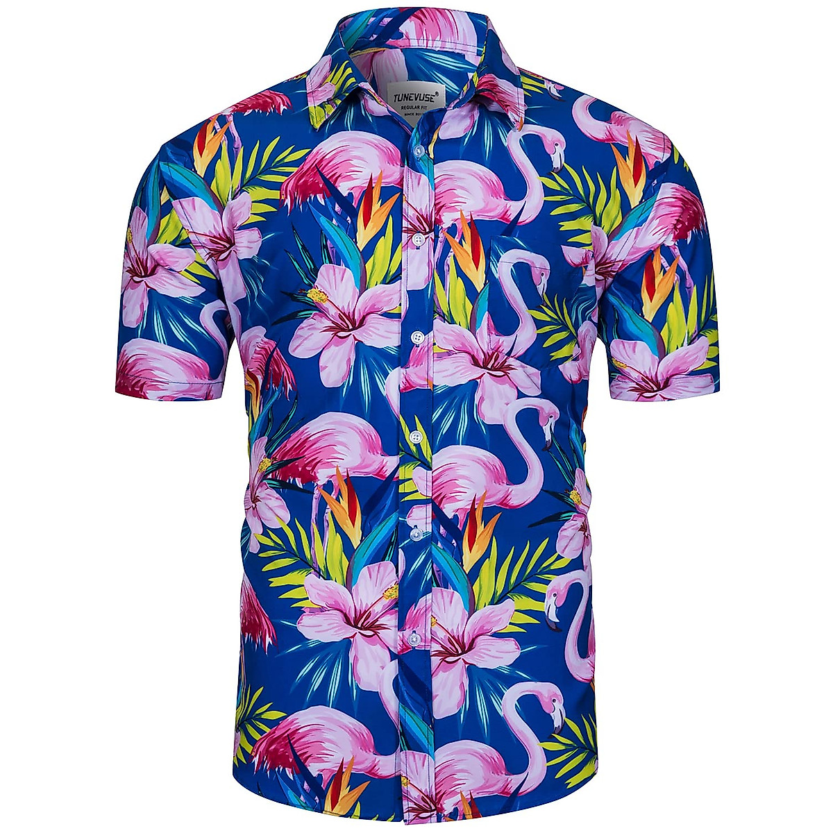 TUNEVUSE Mens Hawaiian Shirts and Shorts Set 2 Pieces Beach Outfits Flamingo Print Summer Tropical Suit with Bucket Hats Blue XX-Large