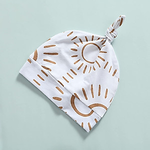 Tsseiatte Newborn Baby Boy Girl Knotted Gowns Long Sleeve Printed Sleeping Bag Coming Home Outfit Nightgown Pajamas Hat Set (C-Sun print white, 0-3 Months)