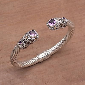NOVICA Handmade Barong Crest - 6" L x 0.5" W, 18k Gold Accents .925 Sterling Silver Rope Pattern Cuff Bracelet, 3CT Amethyst Bangle Design