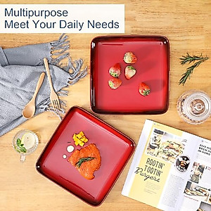 LOVECASA Red Dinner Plates Set of 4, Square Dessert Salad Plates Set, 10 Inch Stoneware Plates, Dishwasher, Oven and Microwave Safe