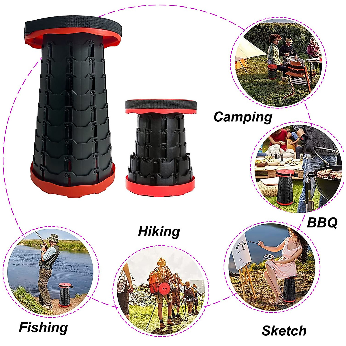 ISTOOL 2022 Upgraded- Retractable Stool, Collapsible Telescoping Folding Portable Stool for Fishing Traveling with High Load Capacity 400lbs for Adults Indoor Outdoor Activities (RED)