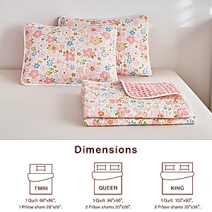 Joyreap 3 Pieces Cotton Quilt Set for Girls, Full/Queen Size Floral Pink Flowers Design, Cozy Lightweight Quilt Bedspread Bed Cover for All Season, 1 Quilt and 2 Pillow Shams- 90x90 inches