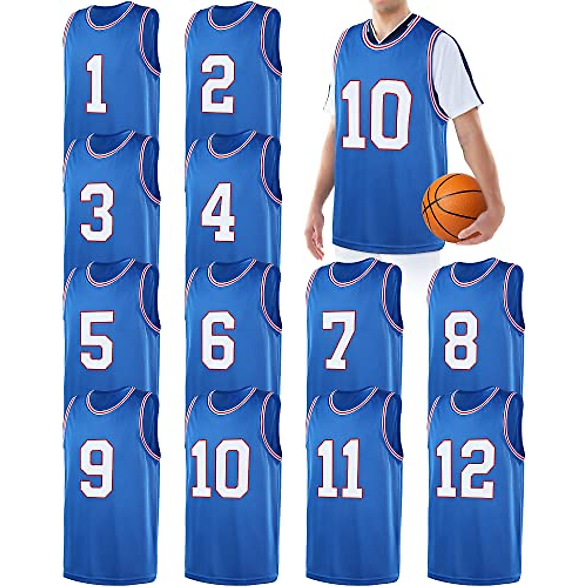 Funtery 12 Pcs Men Basketball Jerseys Mesh Basketball Uniform 2XL Reversible Number Printing Basketball Team Jersey for Men Blue