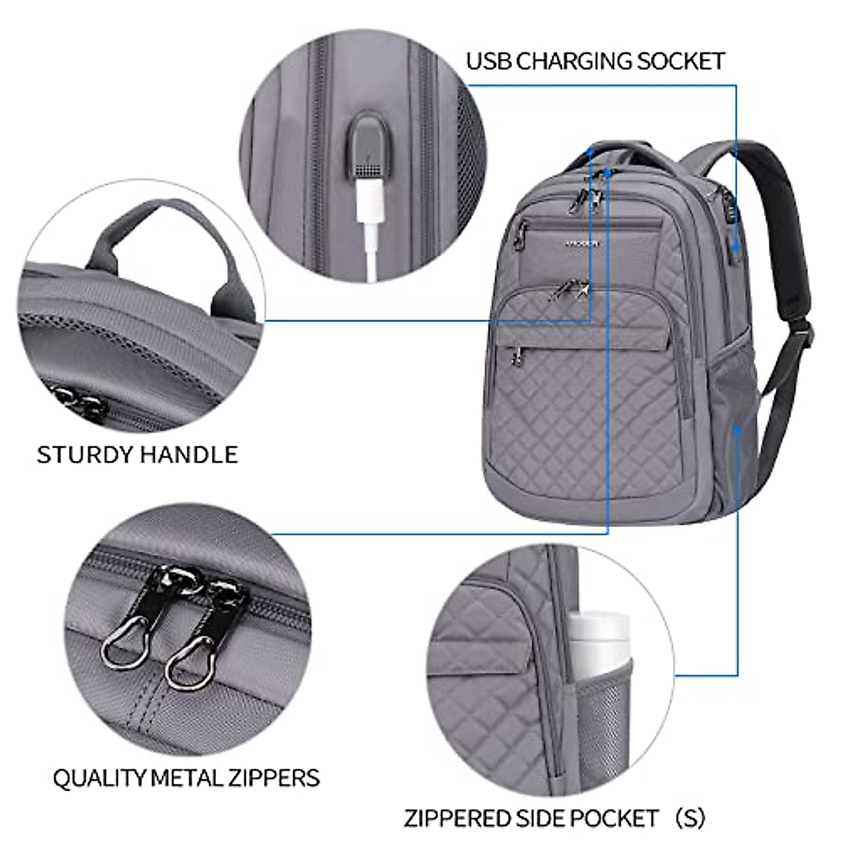 KROSER Travel Laptop Backpack 17 Inch Large Computer Backpack Water-Repellent Daypack with USB Charging Port & Headphone Interface RFID Pockets for Work/Business/College/Men/Women Dark grey(Quilted)