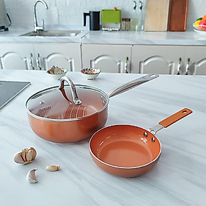 SHINEURI 3 Pieces Mini Copper Pot with Lid, Nonstick Pan Ceramic Pot Small Copper Pan Nonstick Pot with Lid, Ceramic Pan Small Pot and Pan Min Pot and Pan Set - 6 1/2 inch Fry Pan & 3qt Pot with Lid