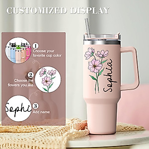 UNIGIFTIME Customized 40oz Tumbler with Handle and Straw, Personalized Stainless Steel Insulated Tumbler with Birth Flower and Name, Personalized Birthday Gifts for Women and Men, Mother's Day Gift