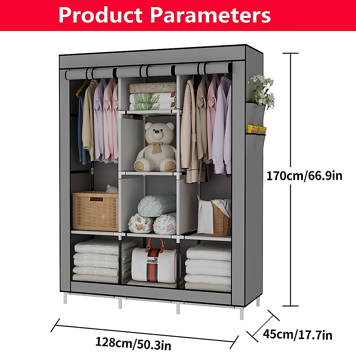 UDEAR Portable Wardrobe Closet Clothes Organizer No-Woven Fabric Cover with 6 Storage Shelves, 2 Hanging Sections and 4 Side Pockets，Grey