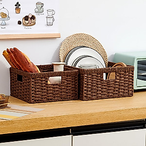 LGENHOOM Wicker Storage Basket with Built-in Handles, Paper Rope Basket for Organizing, Hand Woven Storage Baskets, Set of 2, Large and Small, Brown