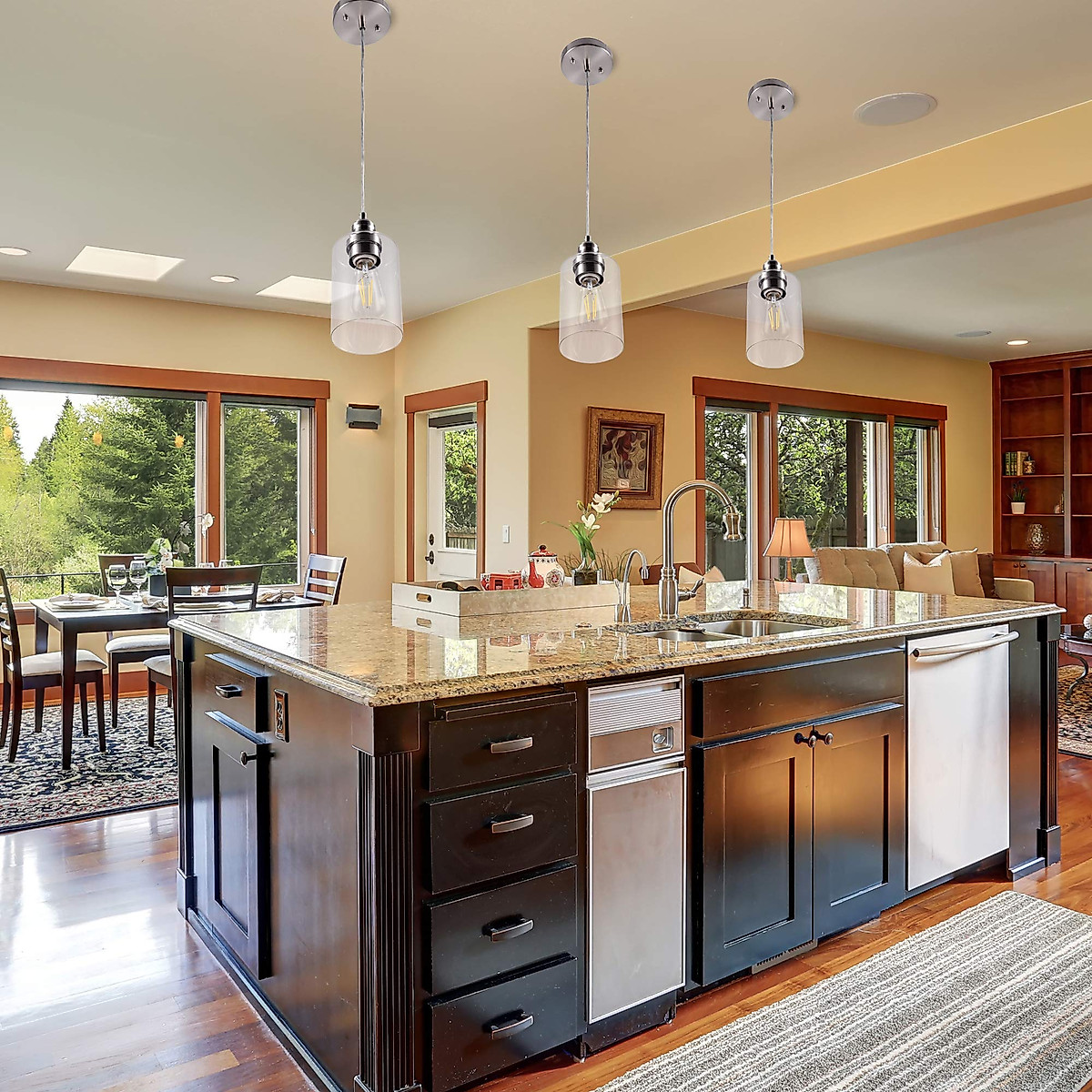 YaoKuem Pendant Lighting Fixture, Hanging Ceiling Lights with E26 Medium Base, Metal Construction with Clear Glass, Bulbs not Included, Nickel, 3-Pack