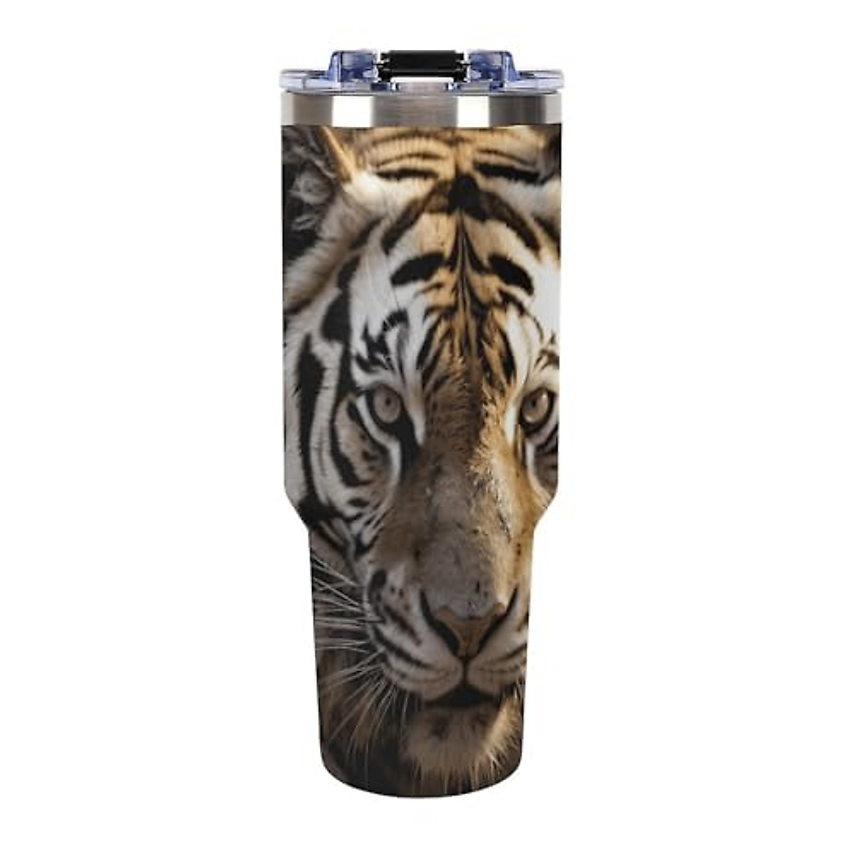 LLUTSNTH 40 Oz Vacuum Tumbler with Light Rose Red Handle Leakproof Insulated Tumbler Animal Tiger Stainless Steel Travel Mug with Lid And Straw Coffee Cup Cute Water Bottles Cup Holder Friendly