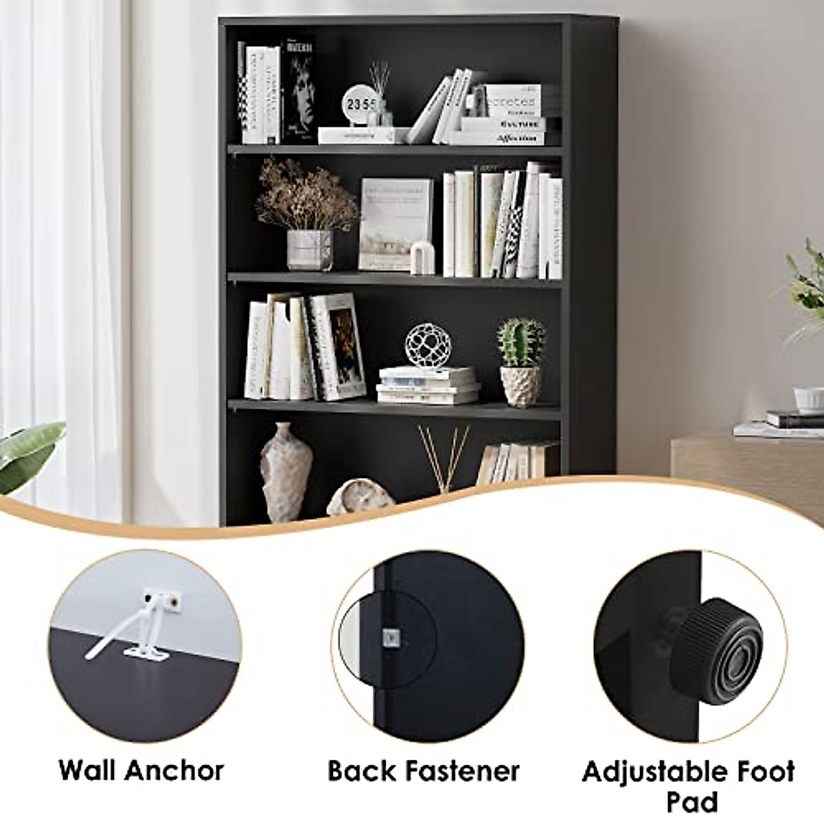 STARY 5 Shelf Bookcase Black Tall Bookshelf for Bedroom 5 Tier Modern Wood Bookshelf 33" Wide 60" Tall