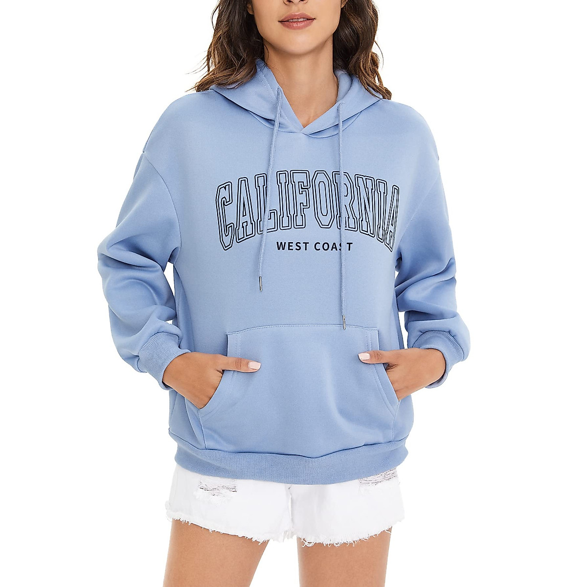 SOLY HUX Women Casual Fashion California Hoodie Los Angeles Pullover Drawstring Graphic Sweatshirt Blue S