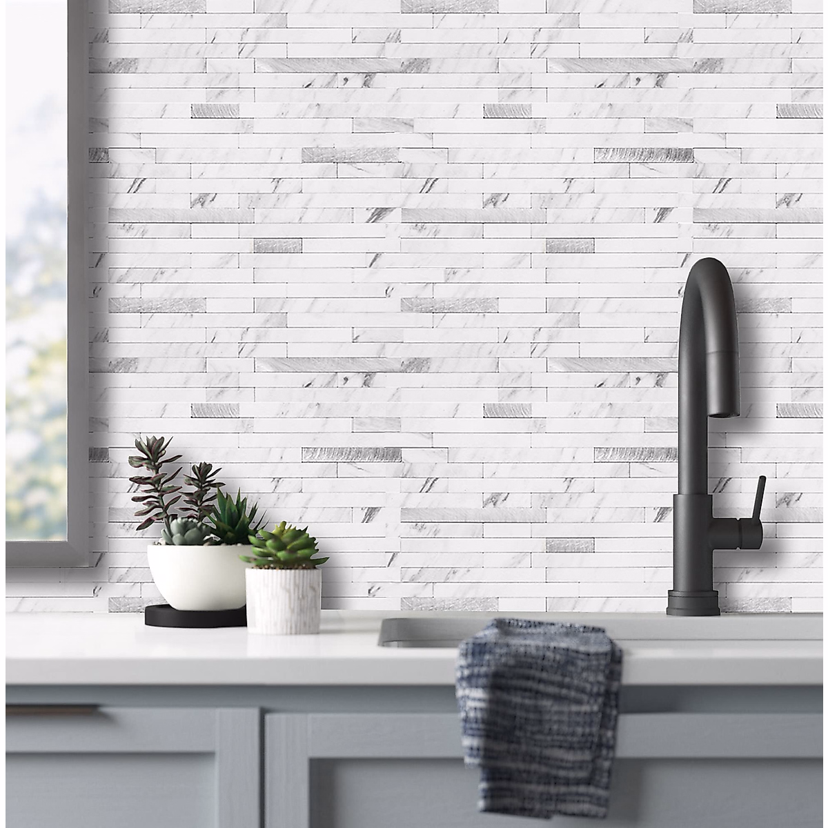 AULIGET 20 Sheets Faux Stone Peel and Stick Backsplash, White Marble Look PVC Wall Tiles Stick on Backsplash for Kitchen