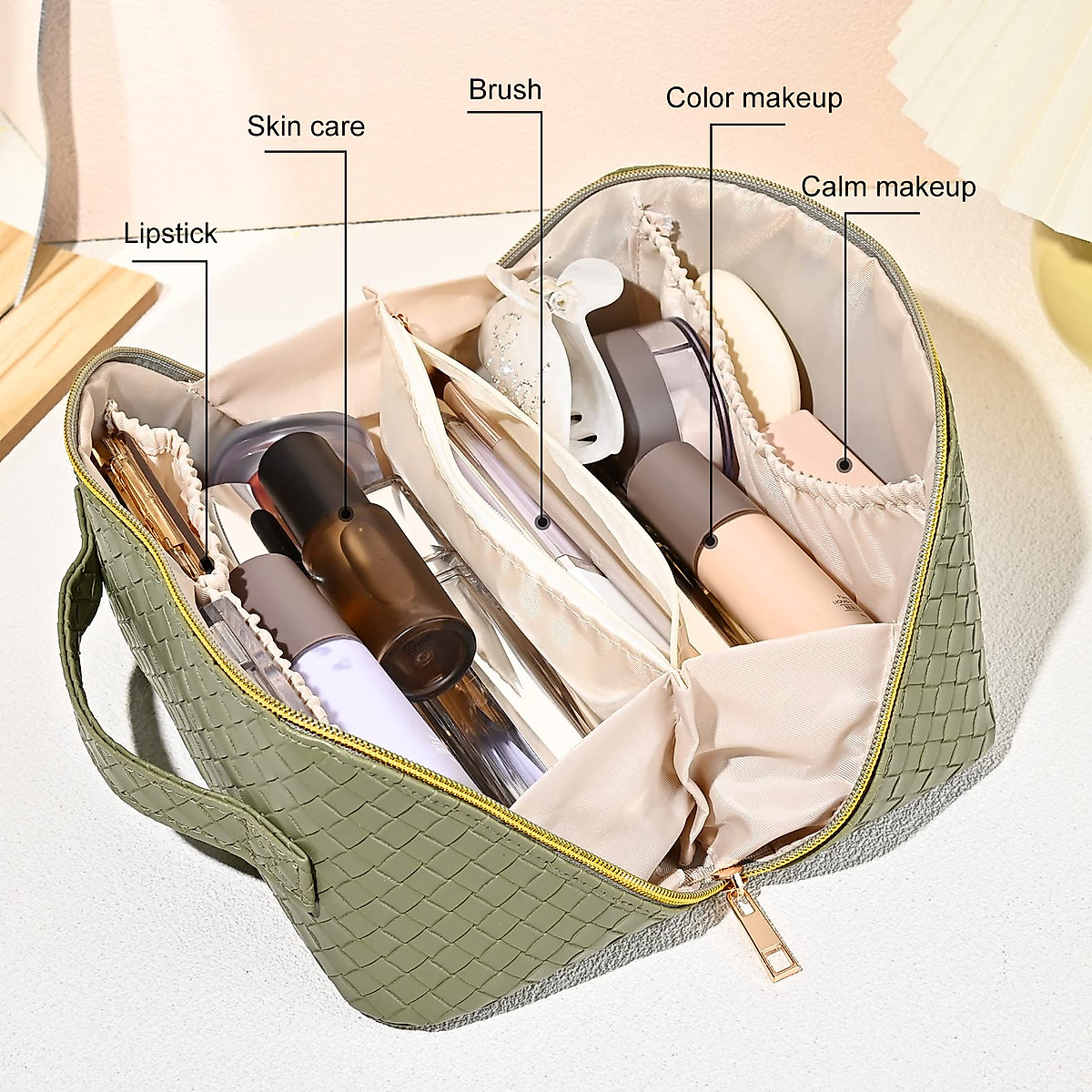 SOIDRAM Large Capacity Travel Cosmetic Bag Makeup Bag Leather Makeup Bag Organizer Women Portable Toiletry Bag Flat Lay Everything Cosmetic Bag Green