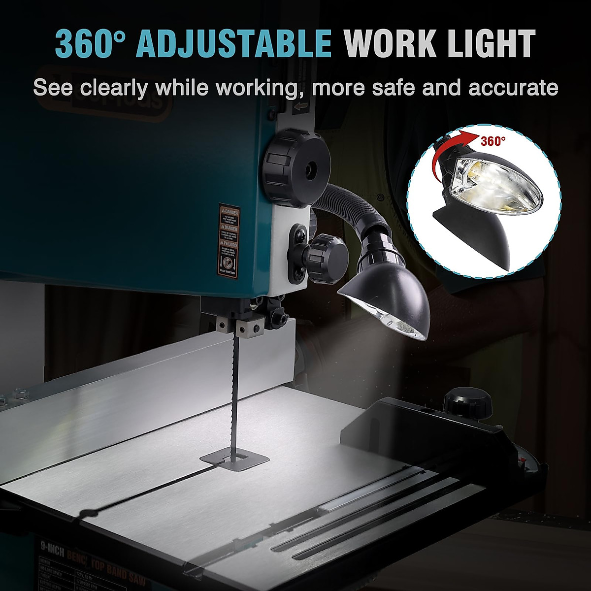 3 Amp 9-Inch Benchtop Band Saw, 2-Speed（1700/2500FPM）with 360° Work Light, Miter Gauge & Rip fence, Steel Base, Band Saws for Woodworking