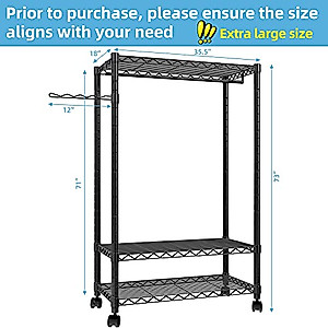 PUNION Heavy Duty Clothing Garment Rack, Freestanding Clothing Rack, Portable Closet Wardrobe with 3 Adjustable Wire shelves 1 Side Hook and 1 Clothe Rod for Hanging Clothes, Black
