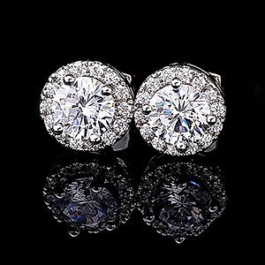 Cubic Zirconia Halo Earrings for Women Men 18K White Gold Plated Simulated Diamond Hypoallergenic for Sensitve Ears Piercing CZ Studs