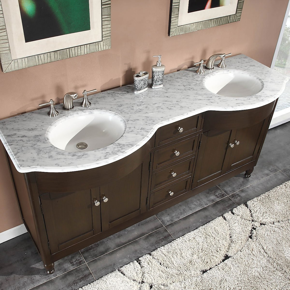 Silkroad Exclusive HYP-0717-WM-UWC-72 Marble Top Double Sink Bathroom Vanity with Dark Walnut Finish Cabinet, 72", Dark Wood