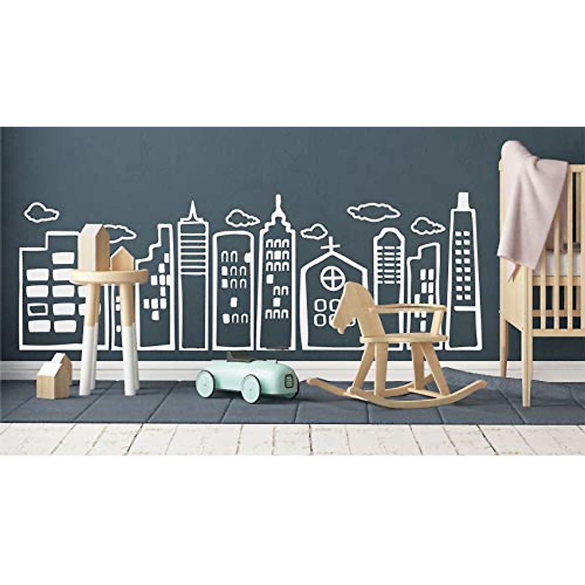 Doodled City Skyline Wall Decal- Cityscape Vinyl Stickers for Bedroom Living Room Kids Room Nursery Home Decor-White