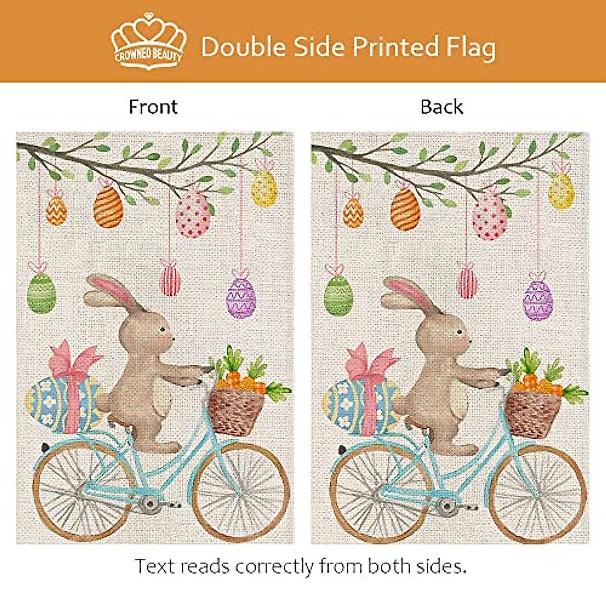 CROWNED BEAUTY Easter Welcome Garden Flag 12×18 Inch Double Sided Rabbit Bunny Bike Egg Tree Outside Vertical Holiday Yard Flag