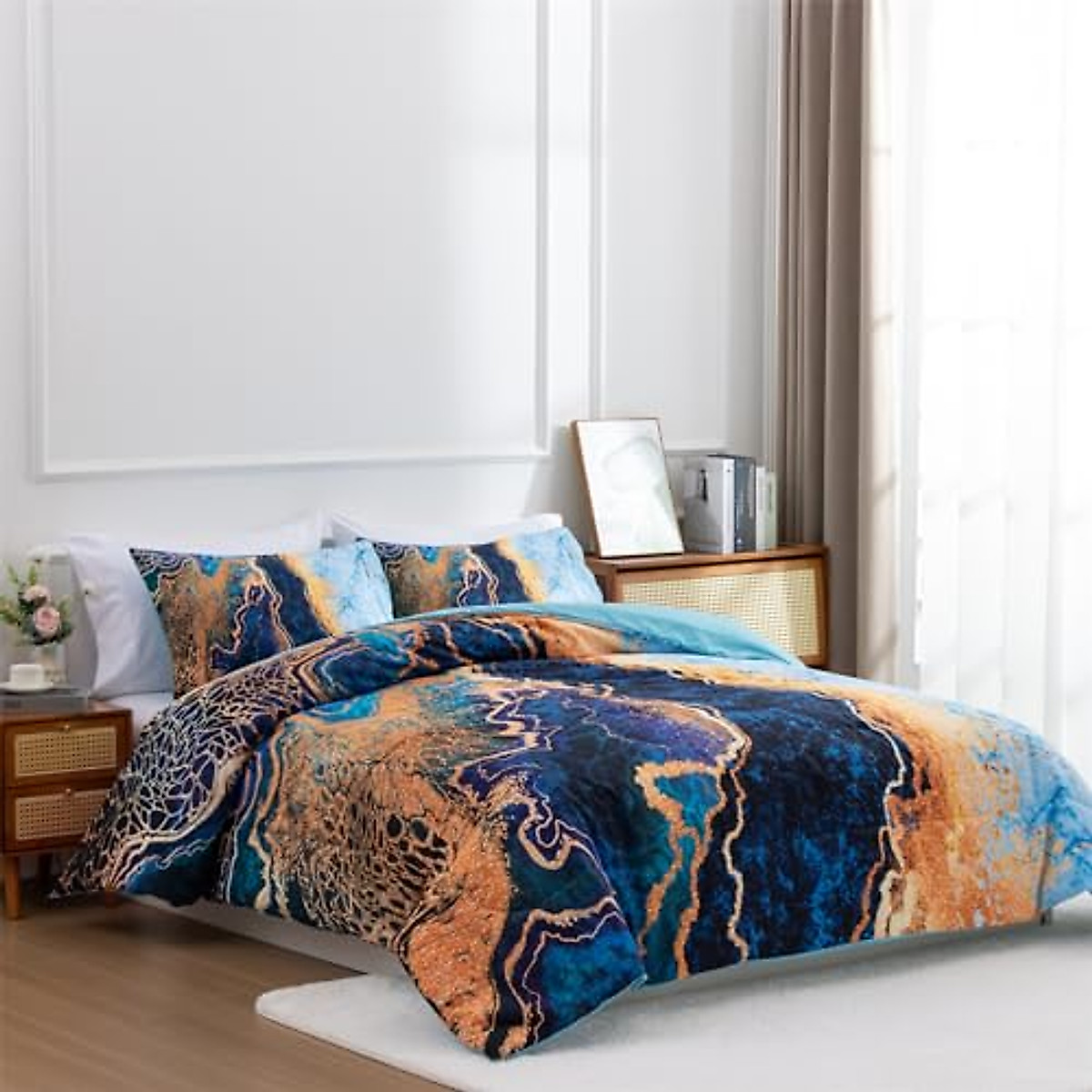 A Nice Night Marble Like Burning Mountain Printed Bedding Set,Retro Style Watercolor Artwork Design,Ultra Soft Comforter Set (Blue, Twin(68-by-88-inches))