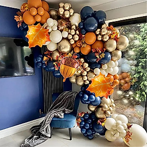 Fall Thanksgiving Balloon Garland Arch Kit, Navy Blue Metallic Gold Orange Ivory White Balloon Garland Kit for Fall Thanksgiving Autumn Birthday Fall Little Pumpkin Baby Shower Party Decorations