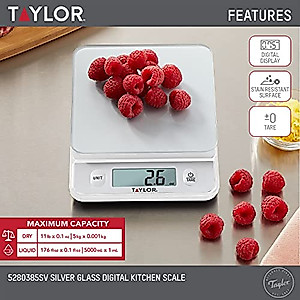 Taylor Glass Top Food Scale with Touch Control Buttons, 11 lb Capacity, Silver