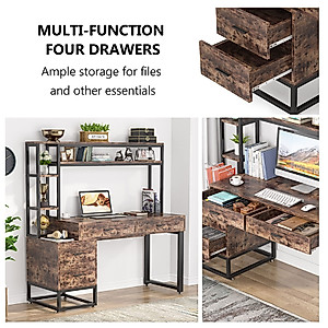 Tribesigns 55 Inch Computer Office Desk with 4 Drawers and Storage Shelf, Industrial Study Writing Table Workstation with Hutch and Bookshelf for Home Office (Brown)